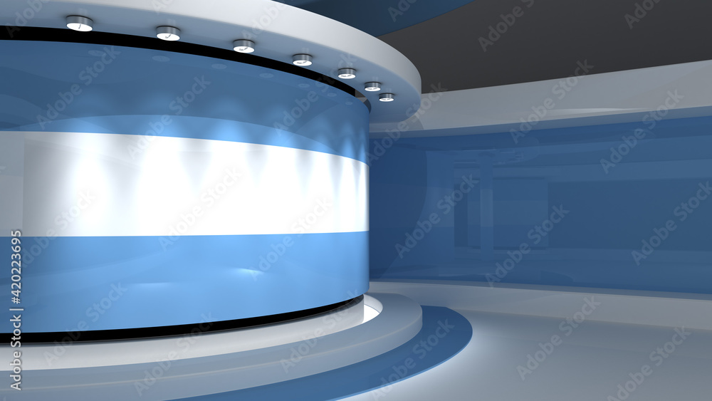 TV studio. Light blue background. Argentine flag. News studio ...