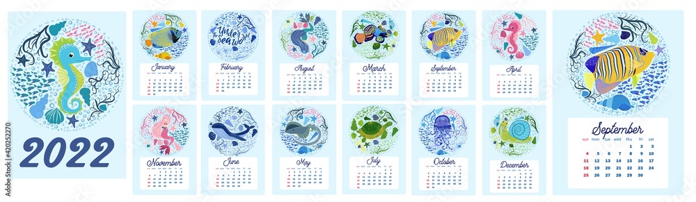 Marine life. calendar design template for 2022, A4 format. Week starts ...