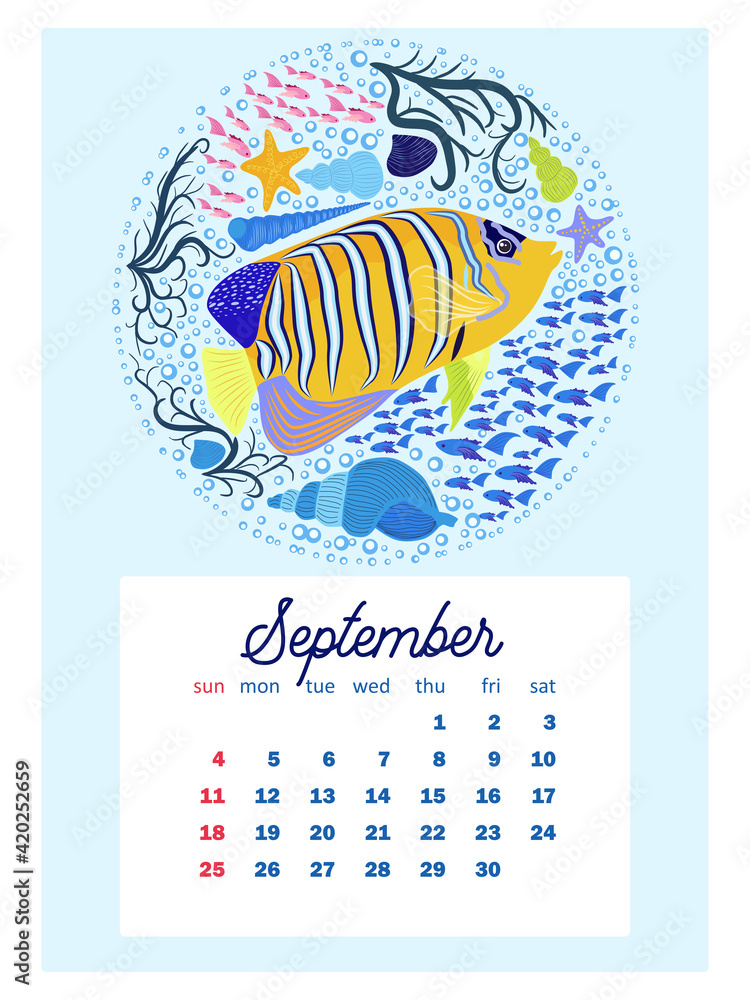Marine life. calendar design template for 2022, A4 format. Week starts ...