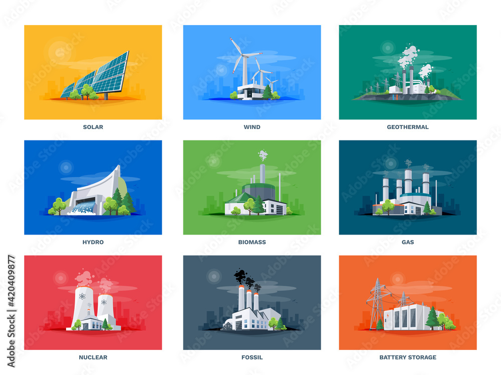 Electricity generation source types. Energy mix solar, water, fossil ...