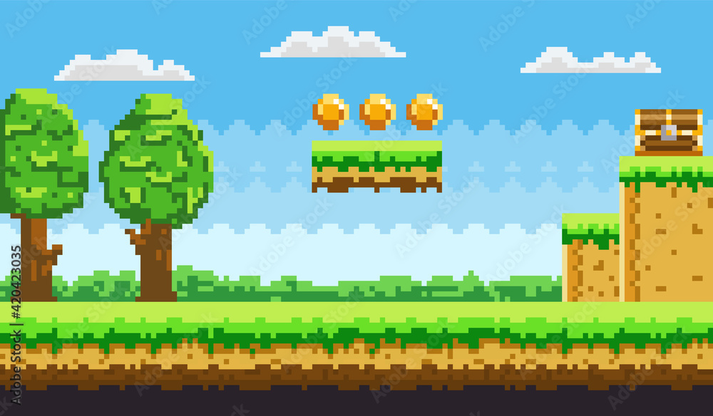 Pixel-game background with coins in the sky. Pixel art game with green ...
