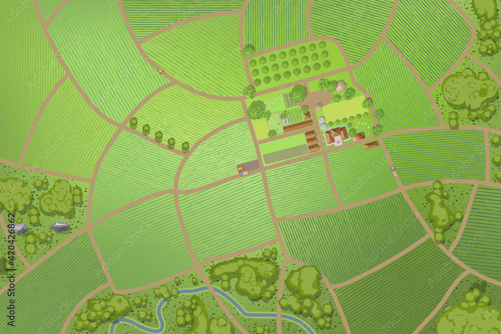 Vector illustration. Green farm in the landscape. (top view) Stock ...