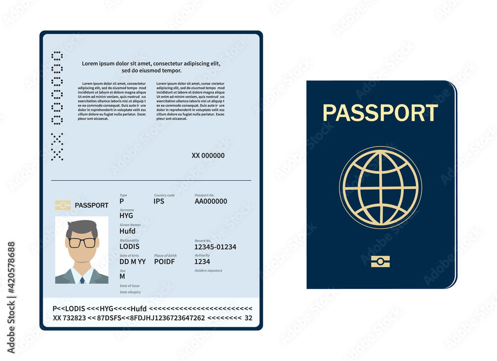 Vector Blank open passport template. International passport with sample ...