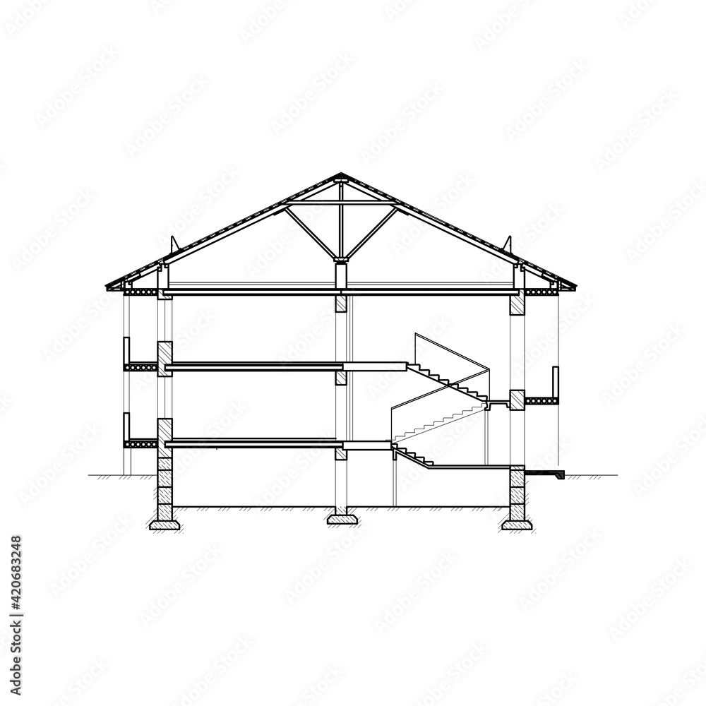 Detailed multi-storey building. Cross-section house. Vector black and ...