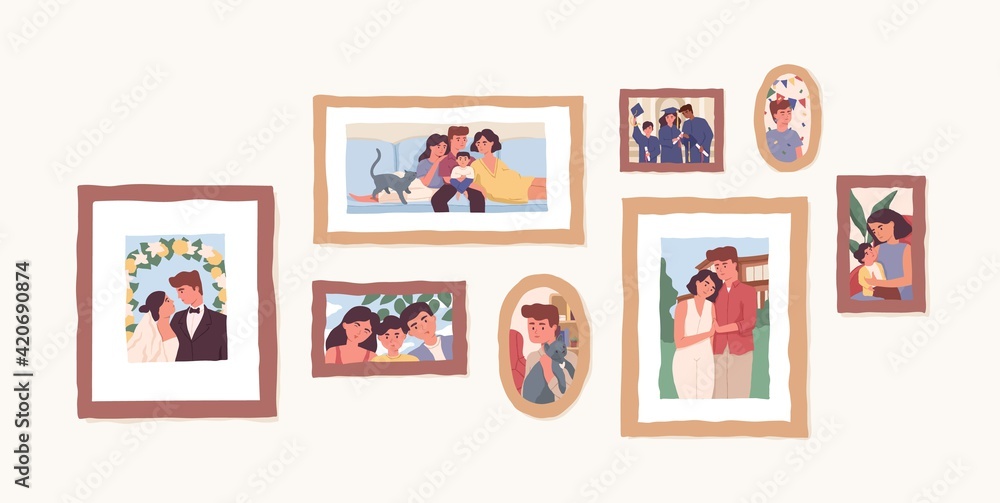 Set of family photo portraits in frames. Memorable pictures of happy ...