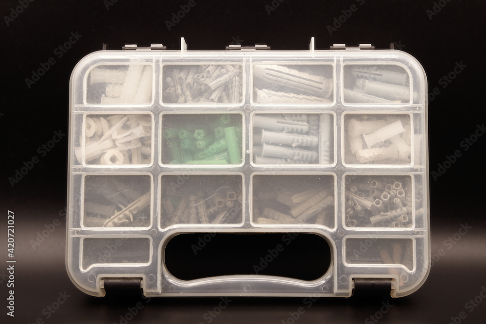 photography of mini toolbox, made of plastic material for screws and ...