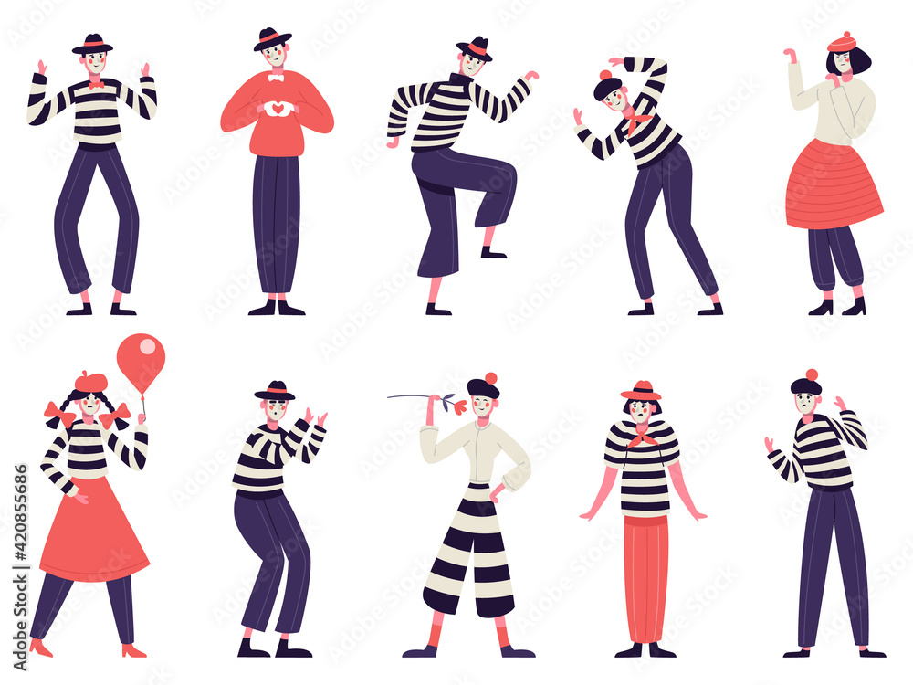 Mimes characters. Silent actors, pantomime and comedy performing, funny ...