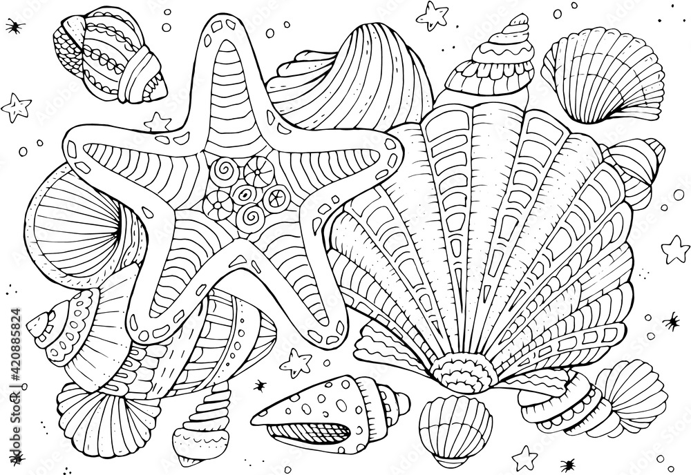 Hand drawn coloring page for kids and adults. Summer beach, sea shells ...