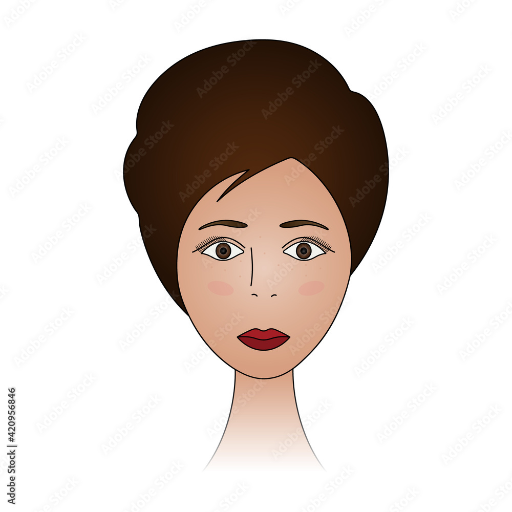 Womans face. Lady full face. Colored vector illustration. Cute brunette ...