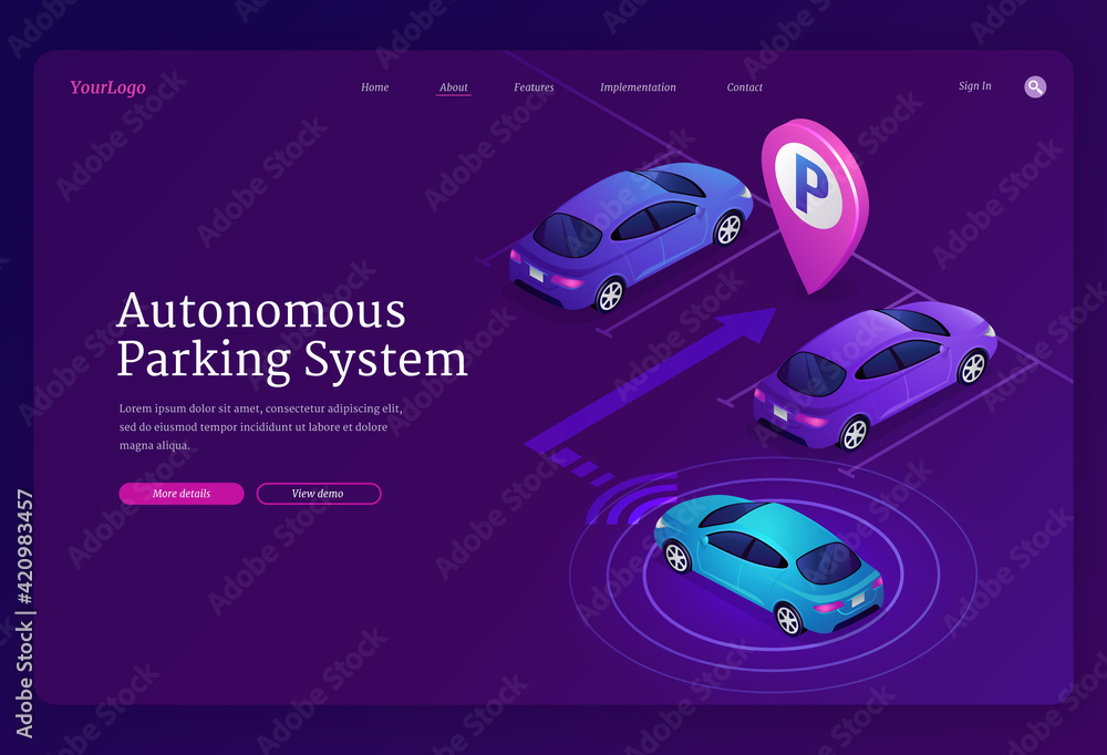 Autonomous parking system isometric landing page Stock Vector | Adobe Stock