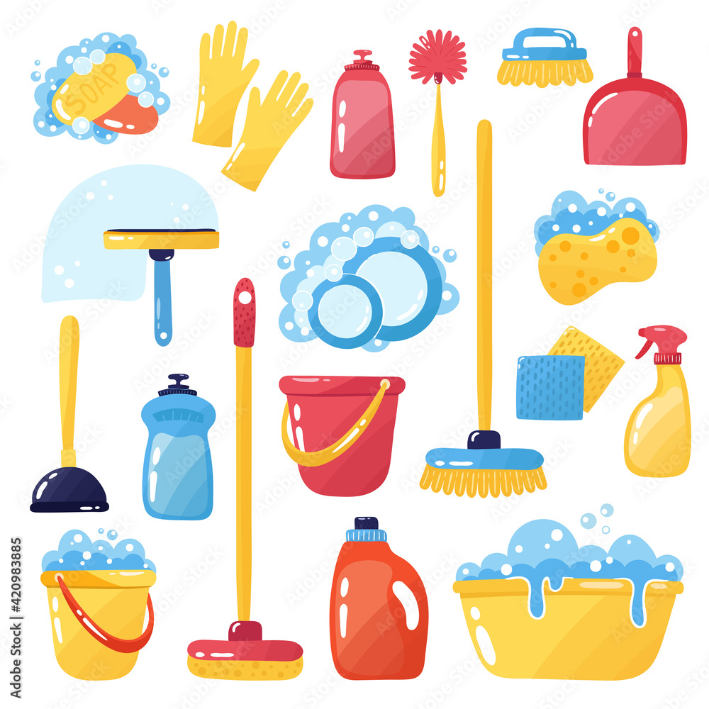 Household supplies collection, hand drawn, cartoon style colorful ...