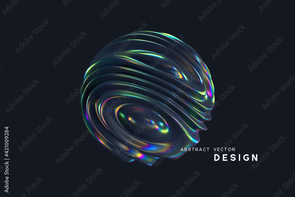 3d wavy fluorescent sphere. Abstract waving shapes with thin film ...