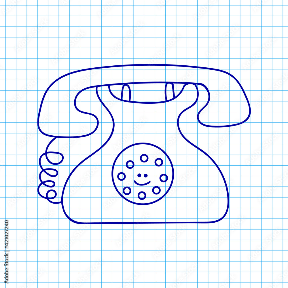Hand drawn vector retro phone handwritten on a grid sheet of copybook ...