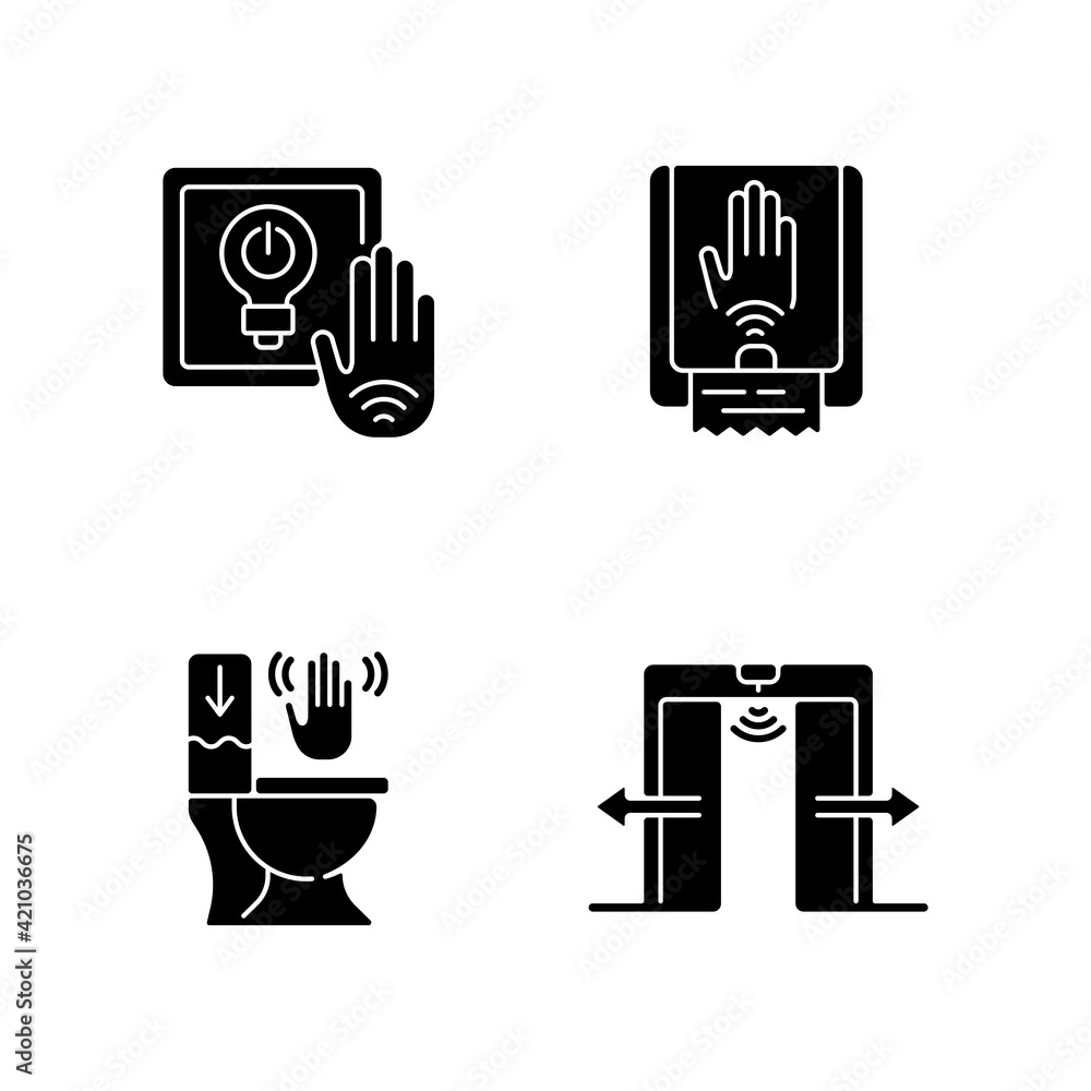 Contactless technology black glyph icons set on white space. No touch ...