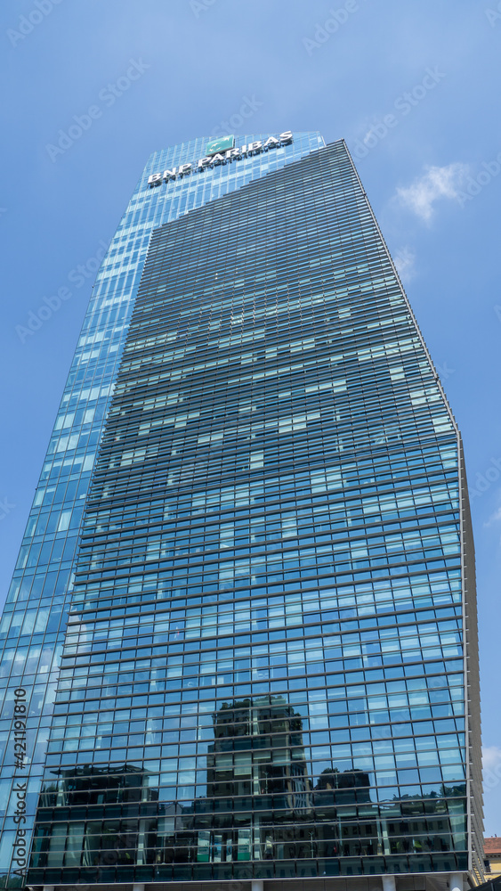 Milano, Italy. The iconic Diamond tower. Today headquarter of the BNP ...