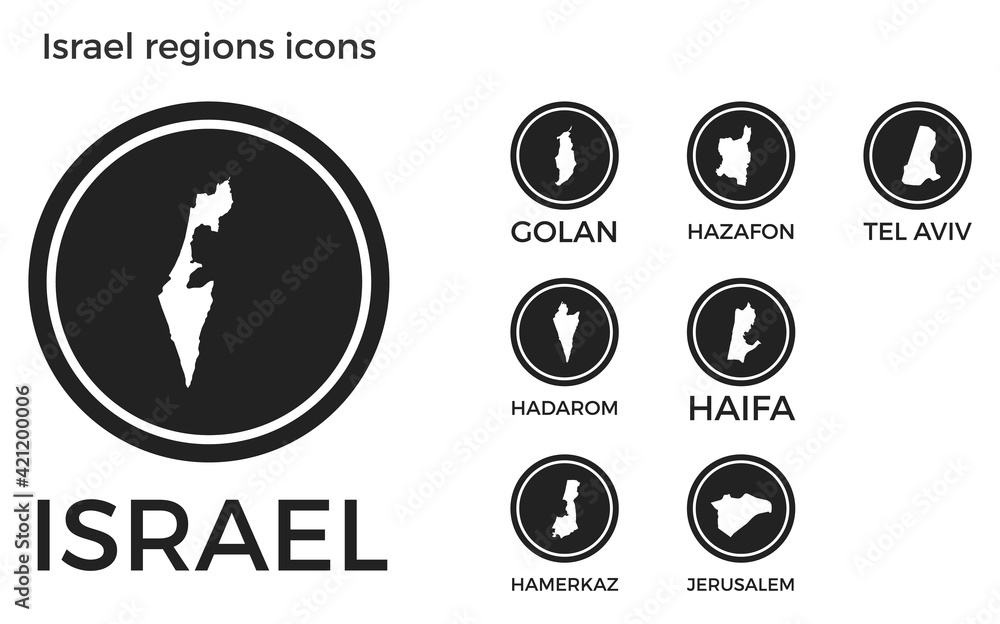 Israel regions icons. Black round logos with country regions maps and ...