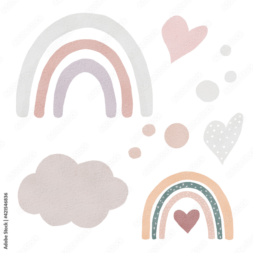 Boho rainbow watercolor clipart set whit hearts, cloud, drops. Hand ...