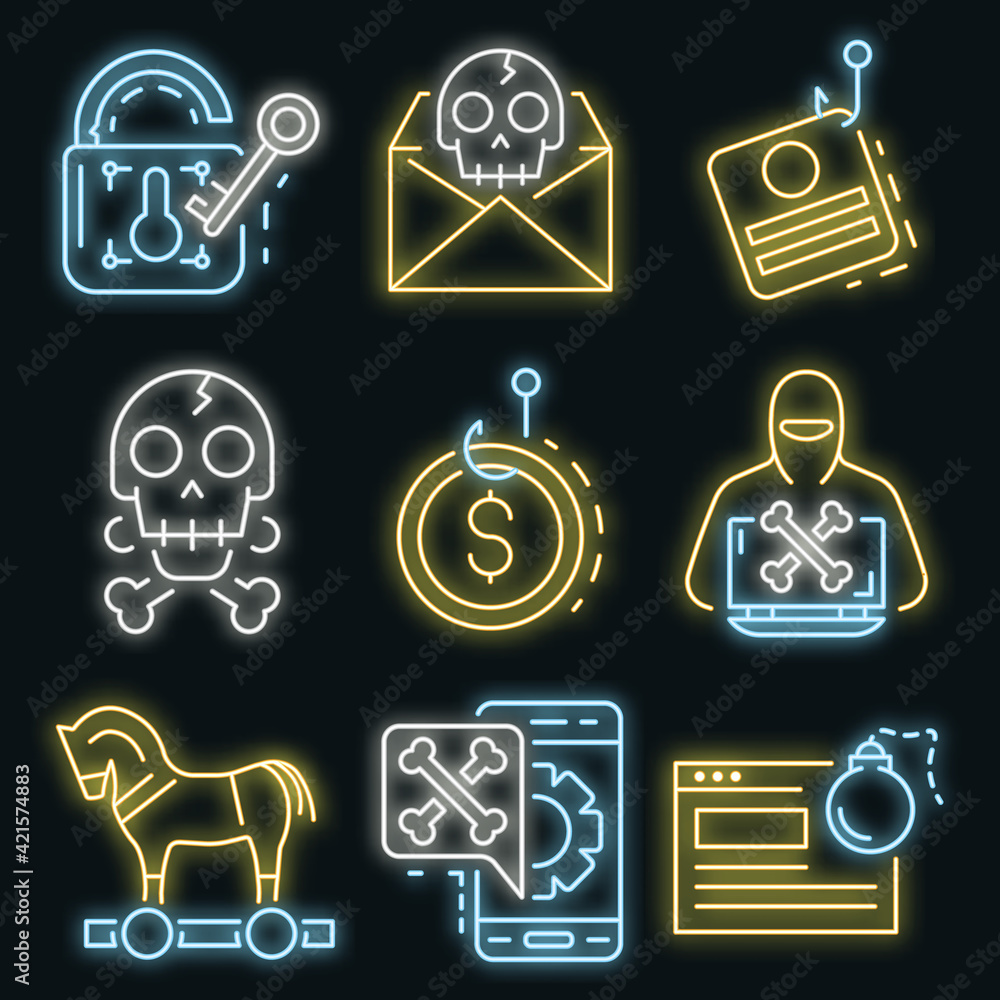 Phishing icon set. Outline set of phishing vector icons neon color on ...