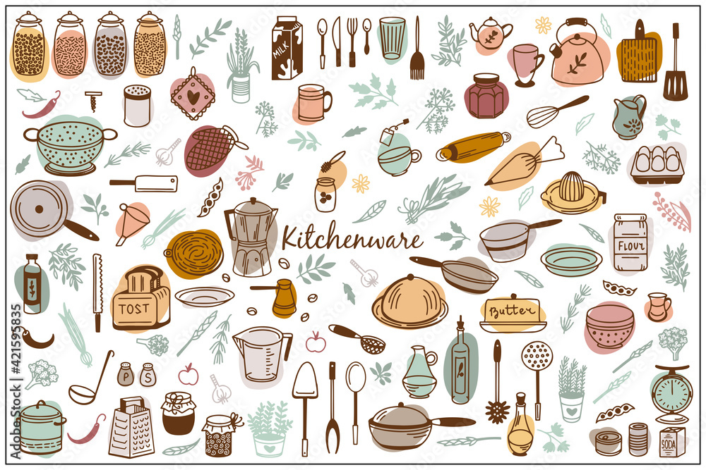 Vector de Stock Kitchenware Vector set. Tool and ware collection. Hand ...