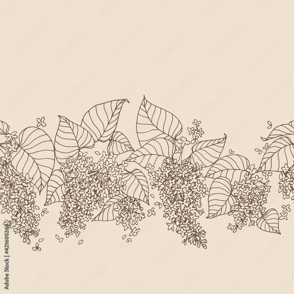 horizontal seamless pattern, branch of lilac with flowers and leaves ...