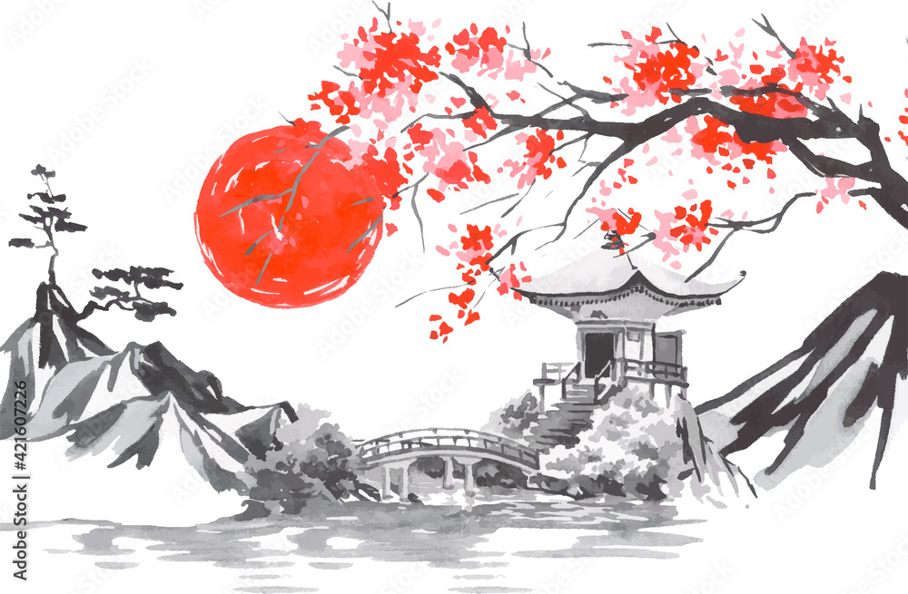 Japan traditional sumi-e painting. Fuji mountain, sakura, sunset. Japan ...