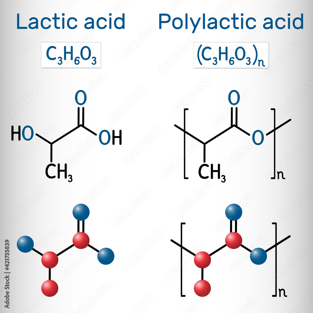 Lactic acid (E270) and polylactic acid molecule. Monomer and polymer ...