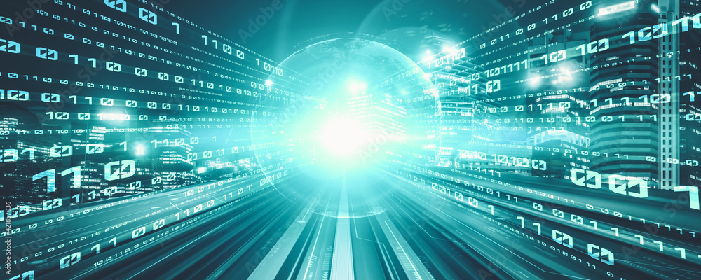 Digital data flow on road with motion blur to create vision of fast ...