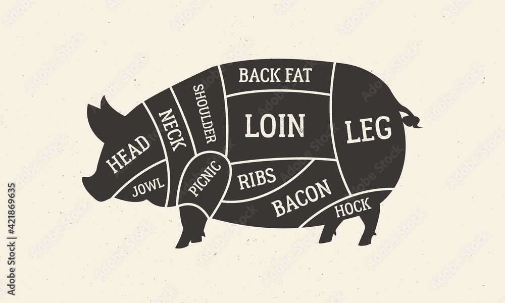 Cuts of Pork. Butcher's diagram with pig silhouette. Meat cuts of Pork ...