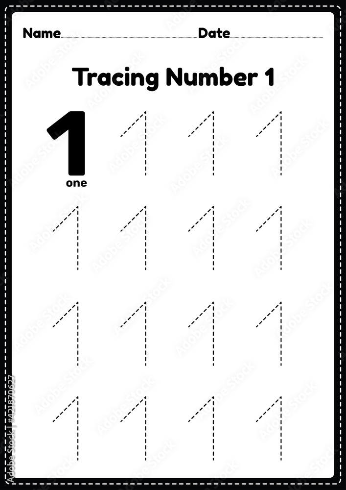 Tracing number 1 worksheet for kindergarten and preschool kids for ...