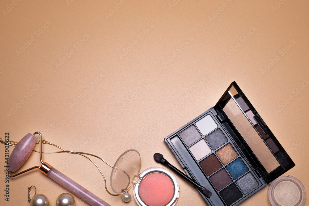 Beauty background with facial cosmetic, make-up products and jewelry ...