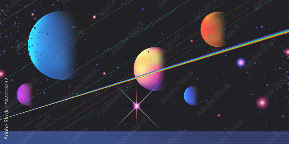 Vintage cosmic background illustration with rainbow and glow laser line ...