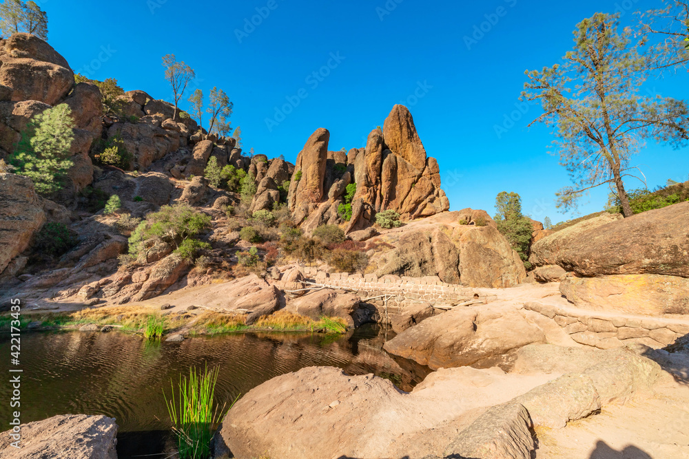 Lake Bear Gulch and rock formations in Pinnacles National Park in ...
