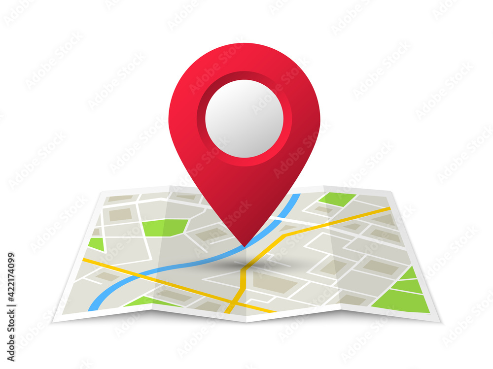 Folded location map with marker. City map with pin pointer. GPS ...