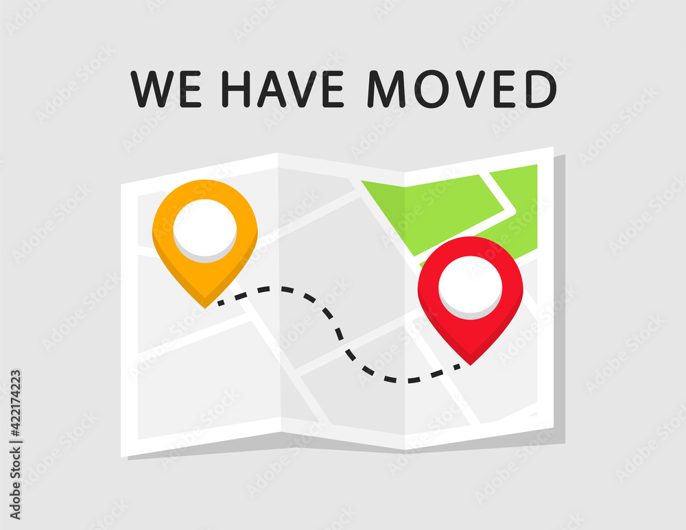 We have moved. Navigation map with pointers. Map location with changed the address. Advertising ...