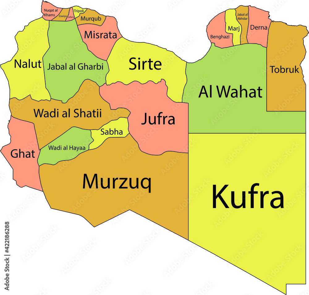 Pastel vector map of the State of Libya with black borders and names of ...