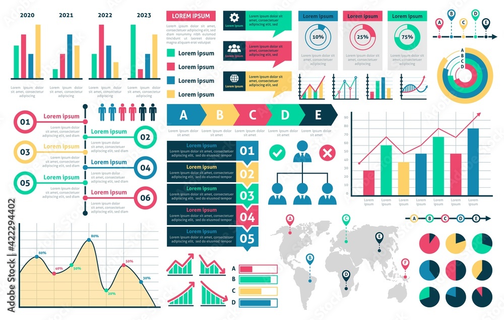 Charts and diagrams. Graphical colorful schemes infographic, rising and ...
