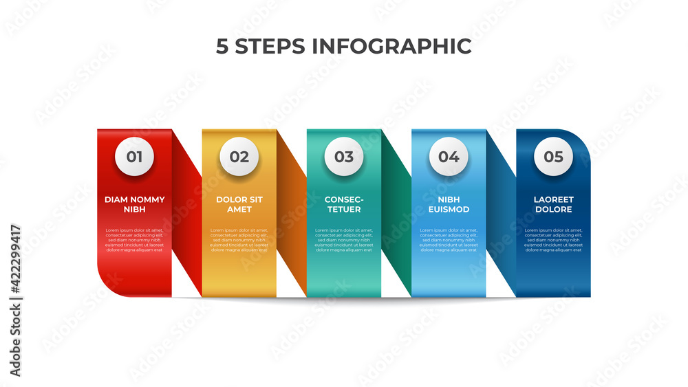 Colorful infographic element template, data visualization with 5 points of steps, horizontal ...