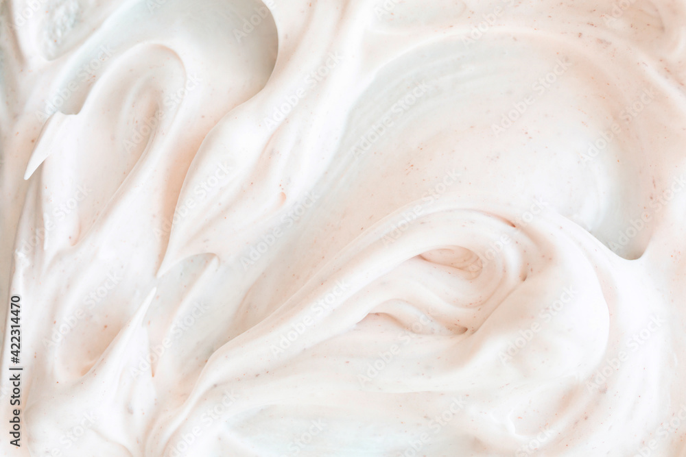 Creamy texture of white airy scrub foam with peeling particle. Gentle ...