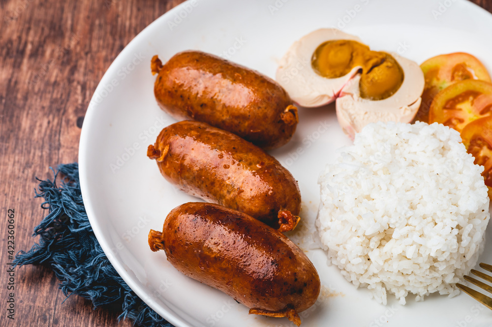 Pinoy Breakfast Meal- Longganisa with Salted Egg and Steamed Rice ...
