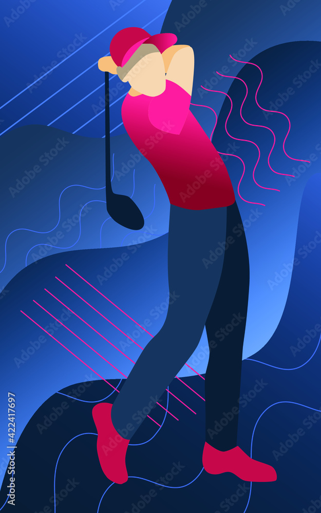 Simple vector illustration in flat style with golf man. In crimson red ...