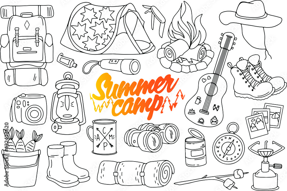Summer camping set vector, hand drawn and doodles collection. Adventure ...