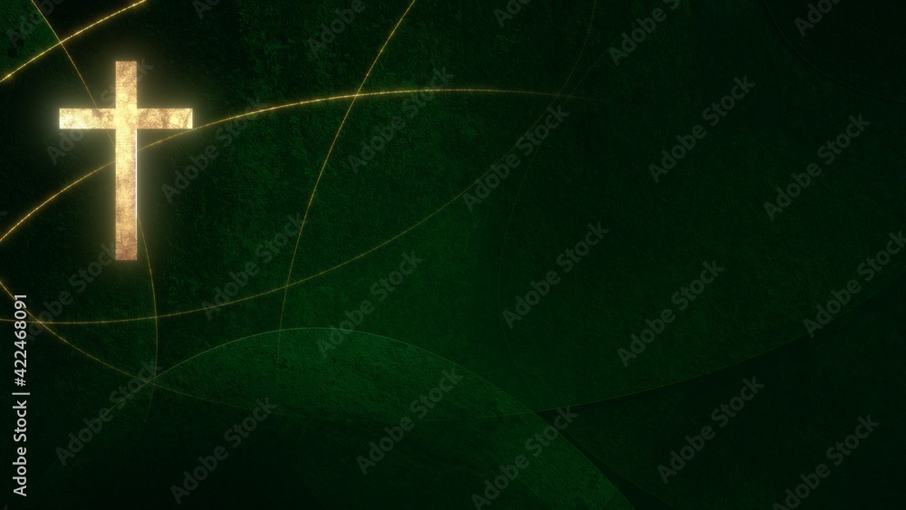 Golden Christian Cross on liturgic green copy space banner background ...