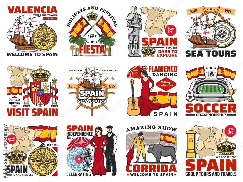 Spain travel agency tours, spanish culture and history emblems ...