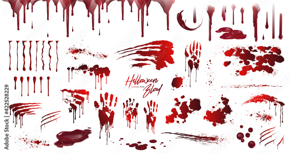 Blood collection, Happy Halloween decoration, Vector bloody horror drop ...