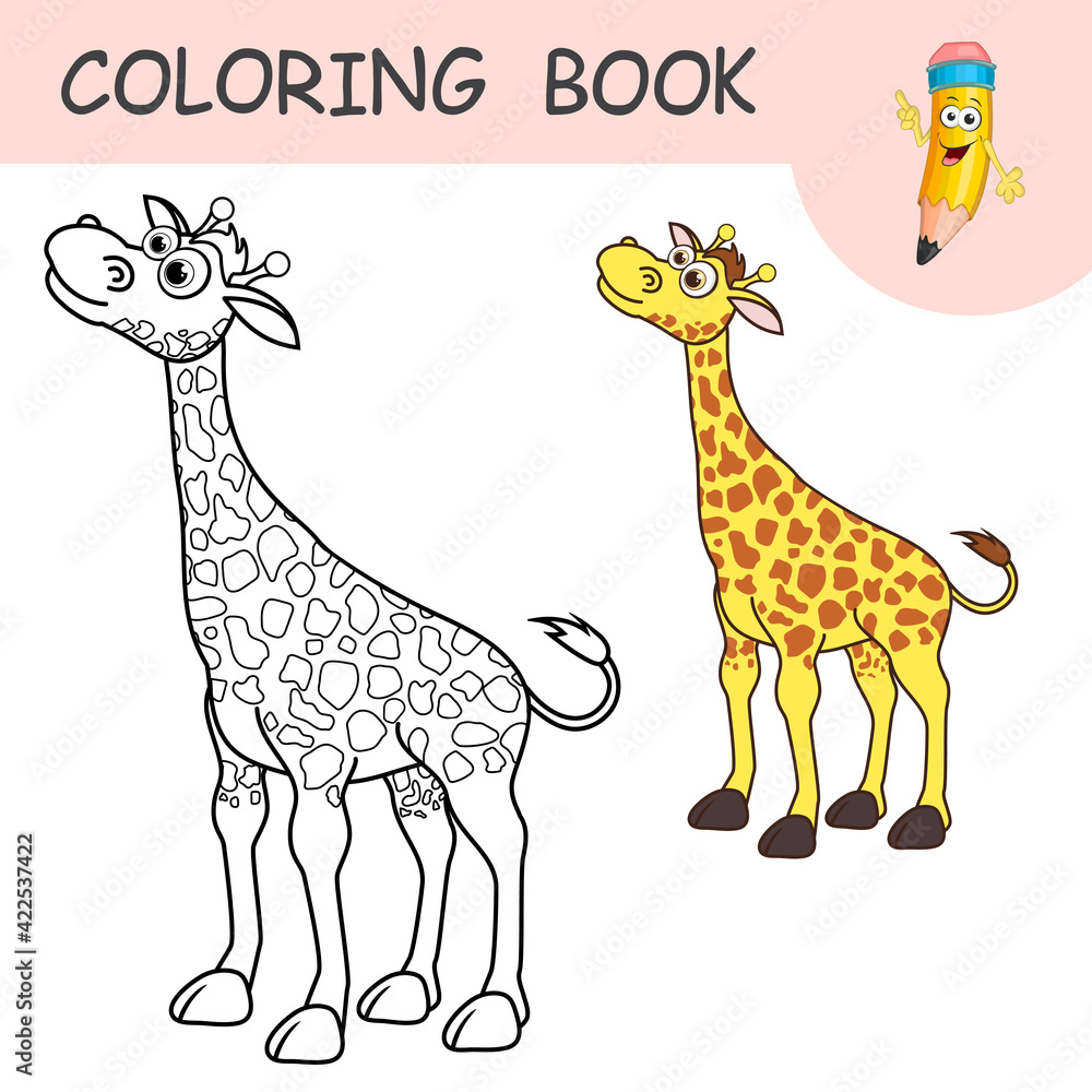 Coloring book with fun character Giraffe smiles. Colorless and color ...
