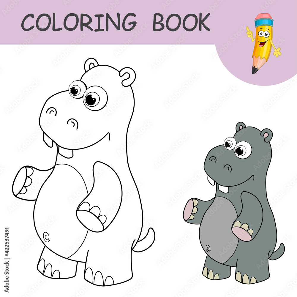 Coloring book with fun character Hippo. Colorless and color samples ...