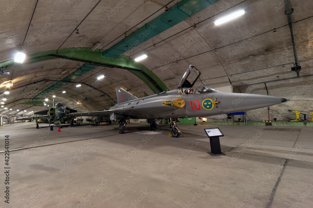 Saab Draken fighter jet inside the Aeroseum, a declassified Swedish Air ...