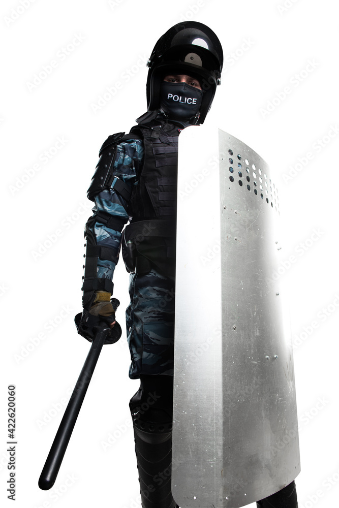 Soldiers in full uniform with armor, baton, protective shield. Uniform ...