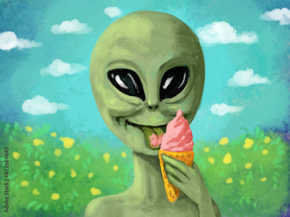ufo, green funny cute alien with a pink ice cream cone in his hands ...