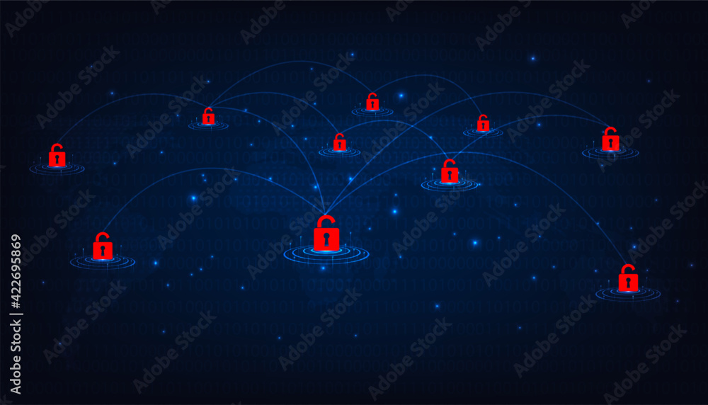 Cyber attack and Information leak concept.Padlock red open on world map ...